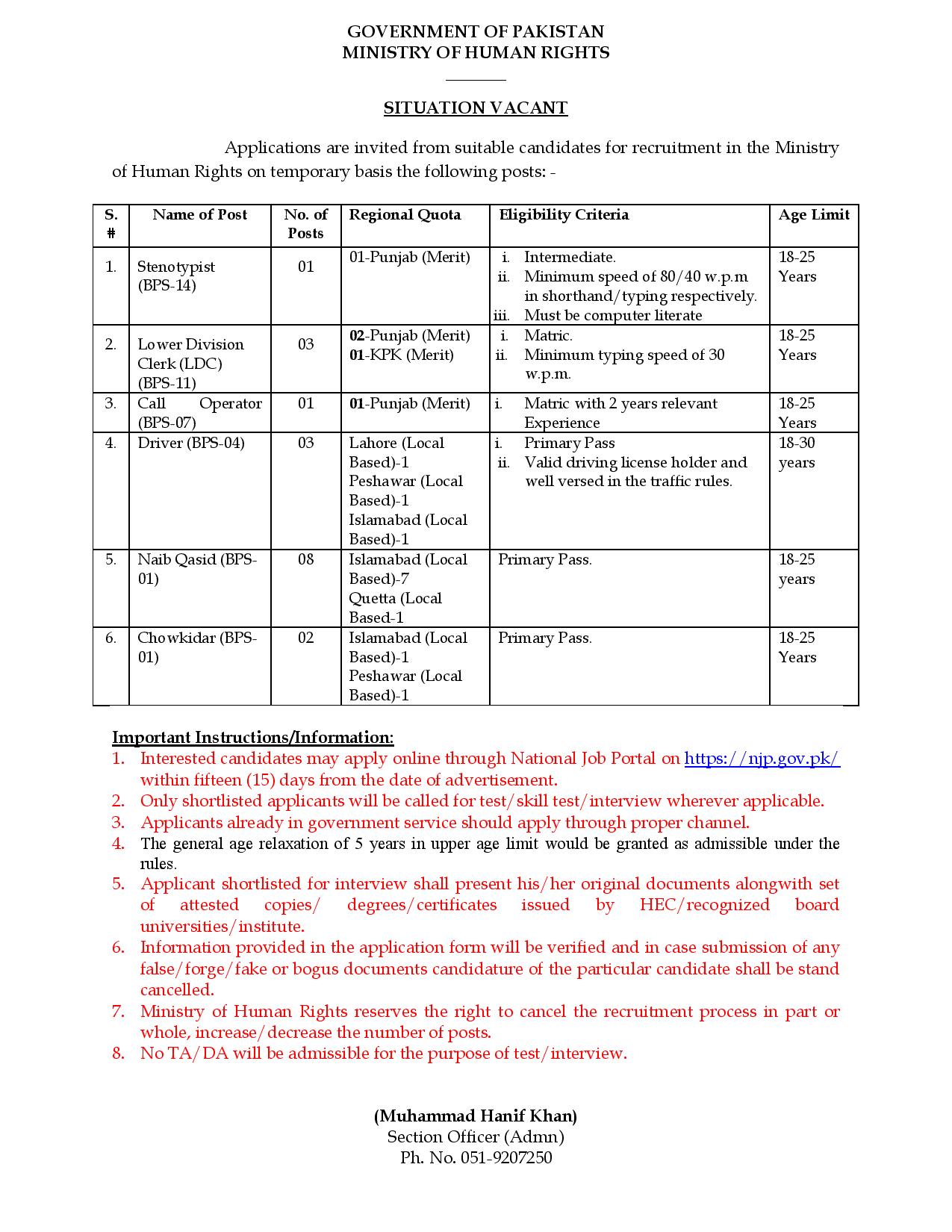 MOHR Latest Govt Jobs Apply Online www.njp.gov.pk